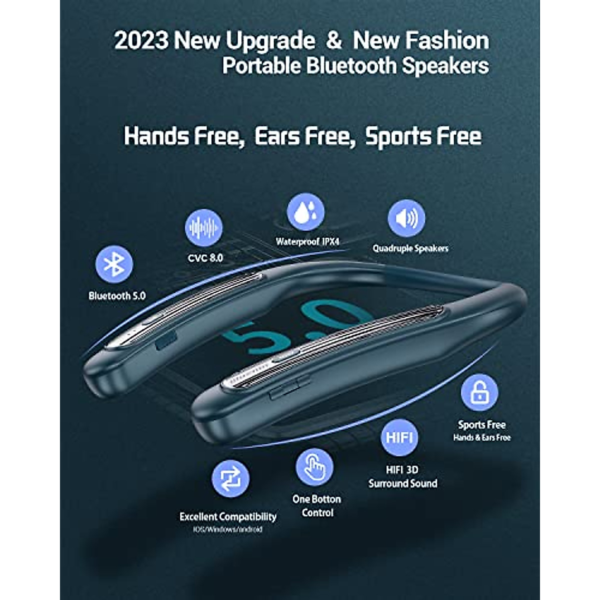 Neckband Bluetooth Speakers，BBH-939 Portable Bluetooth Speakers Wireless Wearable Speaker CVC 8.0 Noise Cancelling 3D Surround Sound Personal Sport Speaker with Mic for Home&Outdoor(Blue 2023)