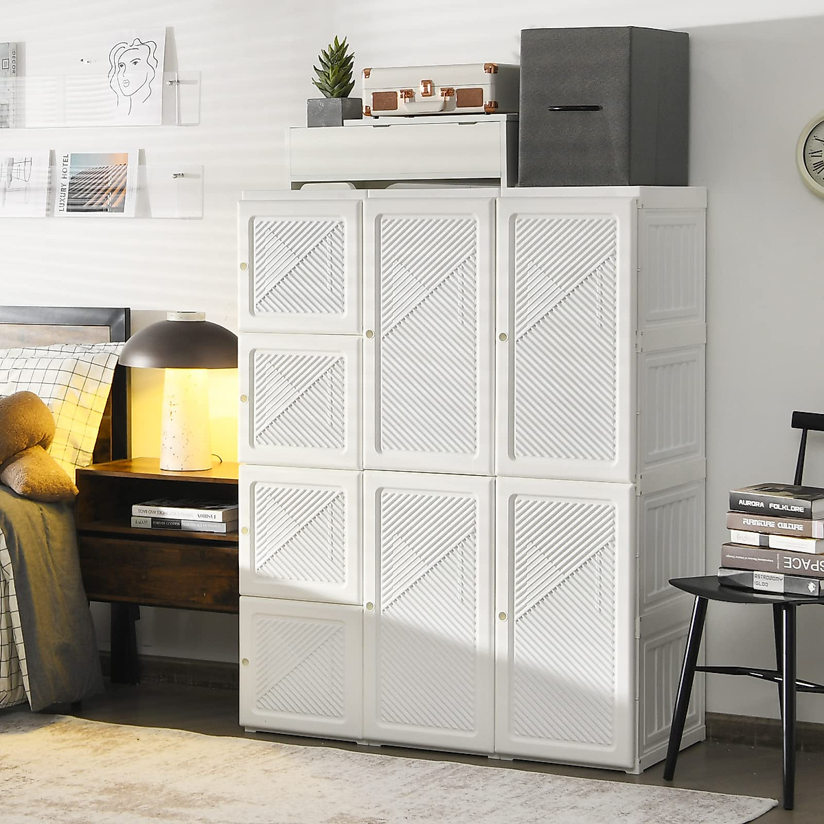 Tangkula Portable Closet Wardrobe, Foldable Clothes Organizer with Cubby Storage, Hanging Rods, Easy Assemble Clothing Storage with Magnet Doors, Folding Bedroom Armoire (8 Cubbies & 2 Rods)