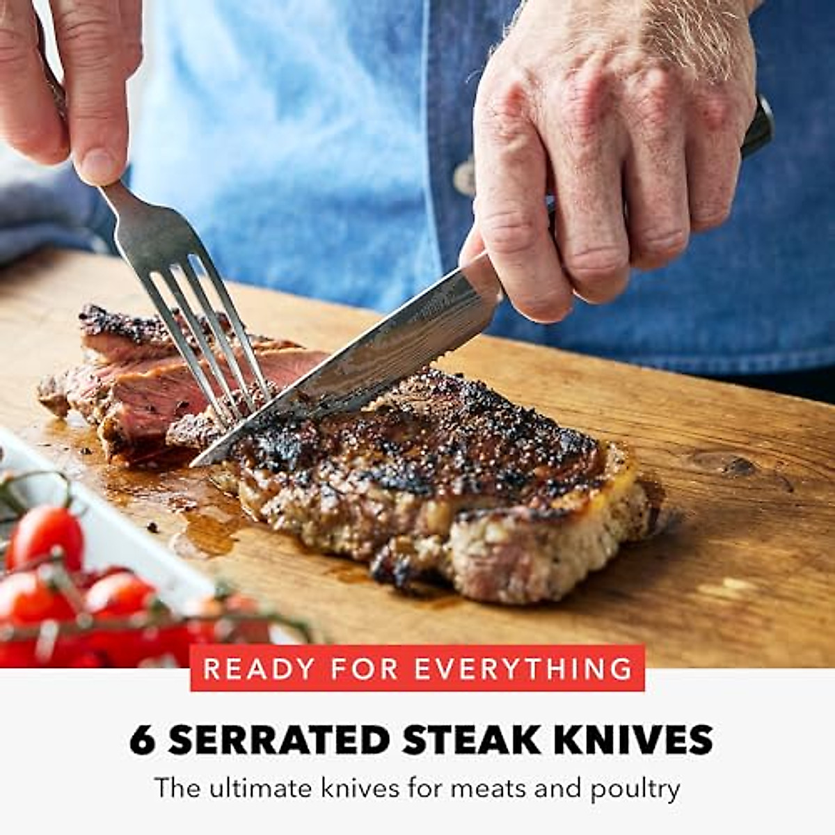 GreenPan x Bobby Flay 13 Piece Stainless Steel Cutlery Kitchen Knife Block Set, Premium Stainless Steel Blades, Acacia Wood Knife Block, Hand Finished Wood Handle, Damascus Steel Design