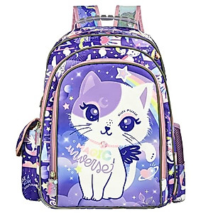 Girls Backpack 16 Inch Cute Cat Backpack for Girls Elementary Kindergarten Kids Backpacks for Girls Kawaii Light Purple Backpack Large Capacity with Lots of Pockets