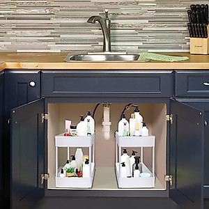 Under Sink Organizers and Storage,Under The Bathroom Sink Storage,2 Tier Under Sink Shelf with 4 Hooks,Bathroom and Kitchen Countertop Standing Rack,Under Sink Organizer for Bathroom Kitchen,White