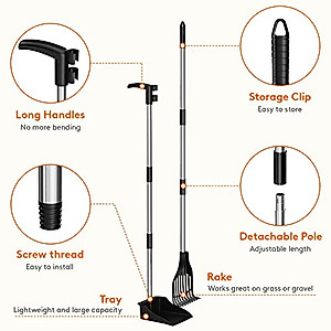 Lifewit Plastic Dog Pooper Scooper for Medium/Small Dogs, Adjustable Stainless Metal Pole Long Handle Poop Scoop Set with Rake and Tray for Lawns, Yard, Grass