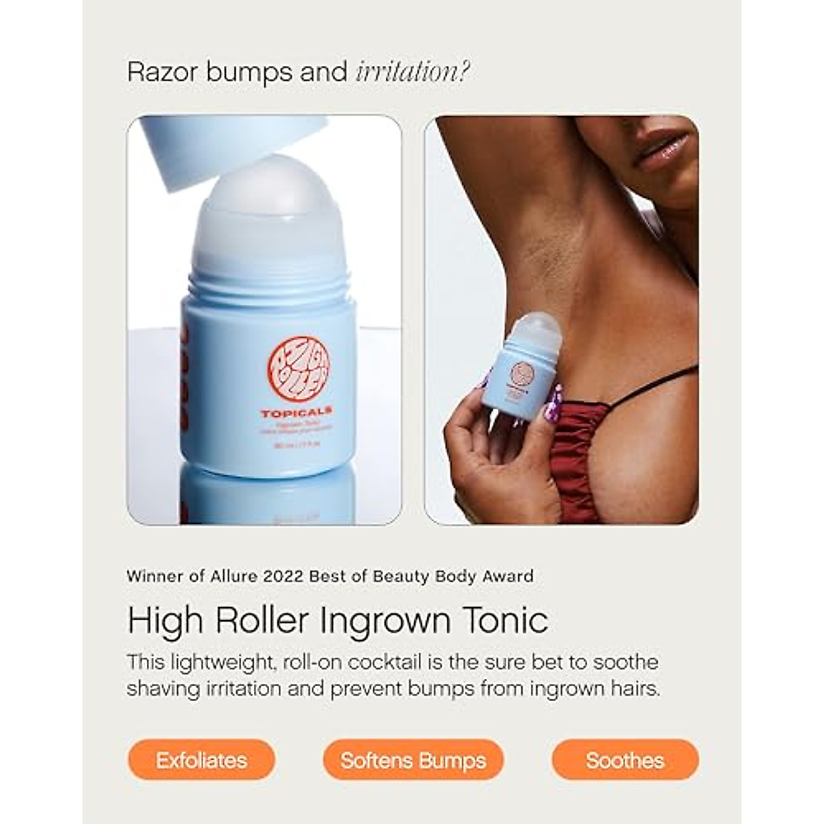 Topicals High Roller Ingrown Hair Serum | Roll-on Tonic to Soothe and Calm Irritated Skin on Face, Armpits and Bikini Areas | Contains Salicylic and Glycolic Acid | Vegan and Cruelty-Free (1.7 Fl Oz)