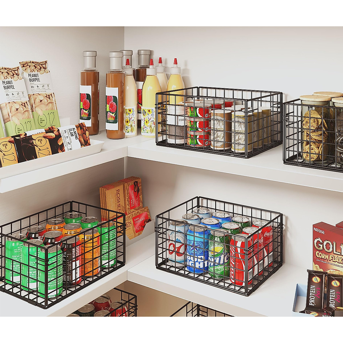 X-cosrack Metal Wire Basket Pantry Basket Foldable Cabinet Organizer with Handles-6 Pack-12"x9"X6", Food Storage Freezer Organizer Bins for Kitchen Bathroom Laundry Closet Garage - Patent Design