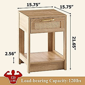 LETESA Rattan Nightstands Set of 2, with Rattan Decor Drawer and Open Shelf, Bed Side Tables with Solid Wood Feet, End Table, Night Stands, for Bedroom, Living Room (2, Natural-Square)