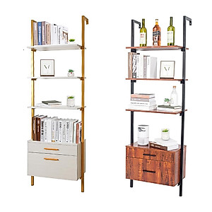 ELECWISH Ladder Shelf Wall Mounted Bookshelf with Drawers Bookcase 3 Tier Open Shelves, Open Storage Shelves Storage Rack with Metal Frame for Home, Living Room, Home Office (White)