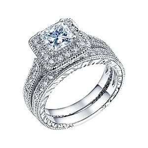 2PCS Women Engagement Rings Set Square Cut Princess CZ Simulated Diamond Ring Set Wedding Bands Elegant Jewelry (Silver, 8)