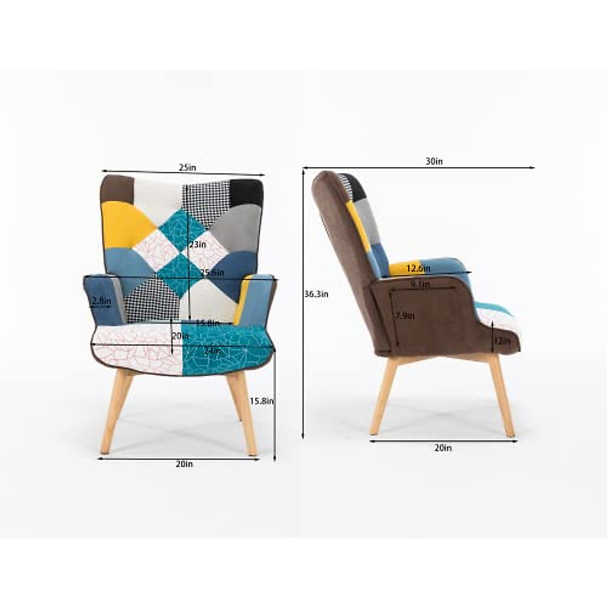 Lepfun Patchwork Solid Wood Armrest and Feet, Mid-Century Modern Accent, Fabric Sofa Chair for Living Room Bedroom Studio, Comfy Side Armchair for Bed,Antique Blue