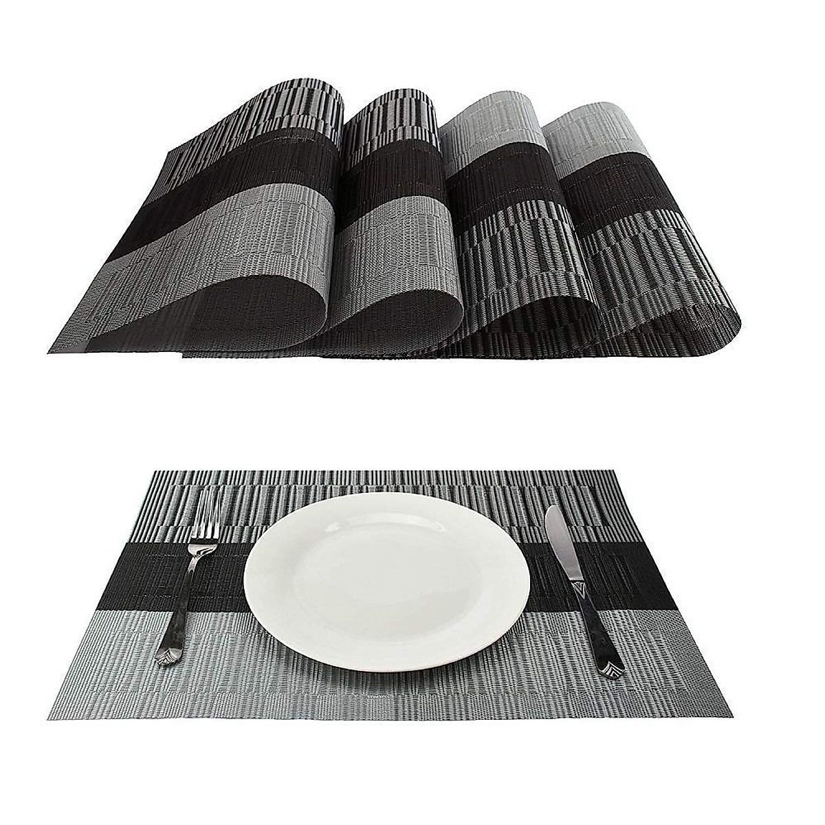 V-Shine Placemats for Dining Table Set of 4 Washable Woven Placemat Non-Slip Kitchen Waterproof Table Place Mats - Grey&Black