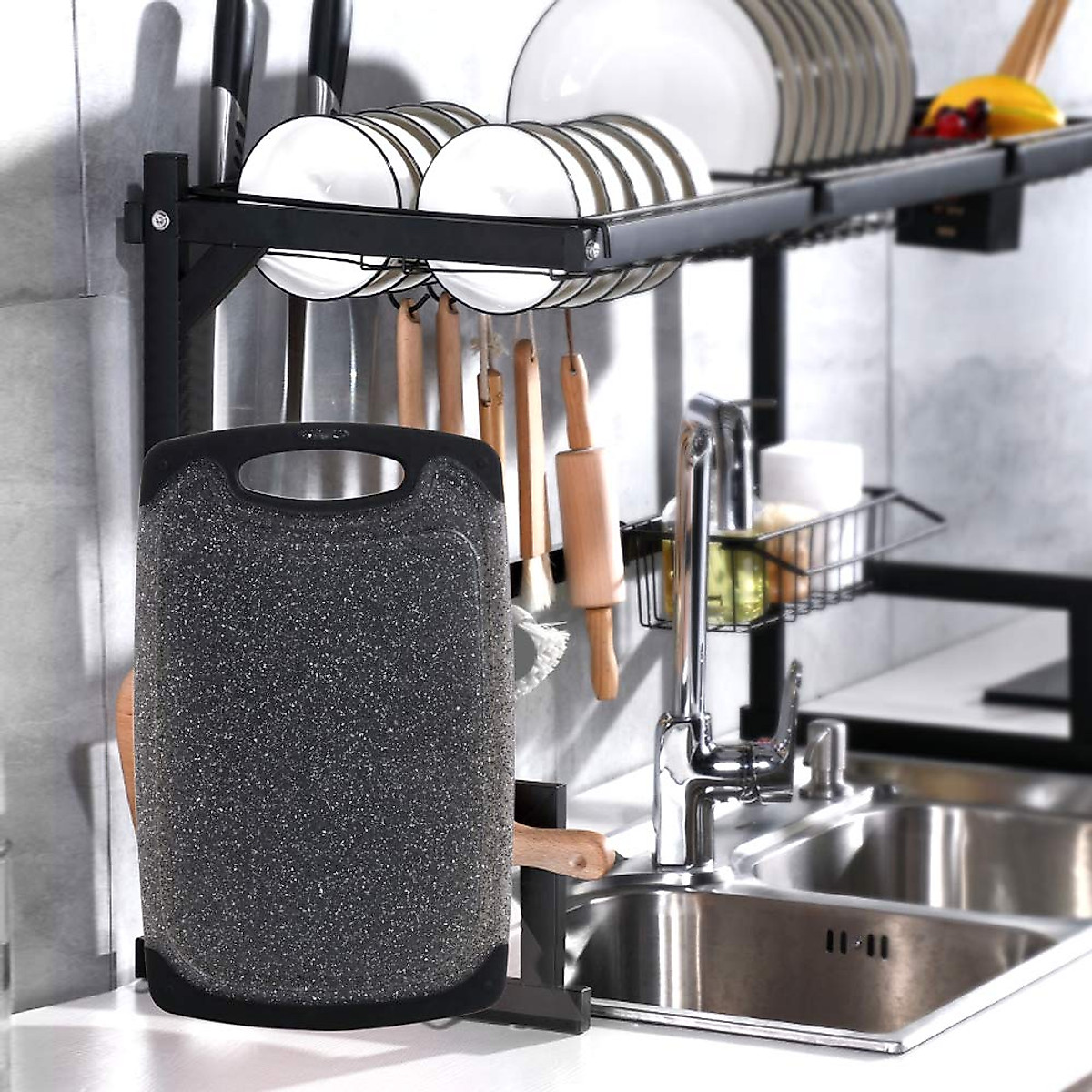 Plastic Cutting Boards for Kitchen, Haomacro Cutting Boards Chopping Board with Juice Grooves, Easy Grip Handle, Non-Slip BPA Free 3 Pieces Cutter Board for Meat,Vegetable,Bread, Dishwasher Safe Black