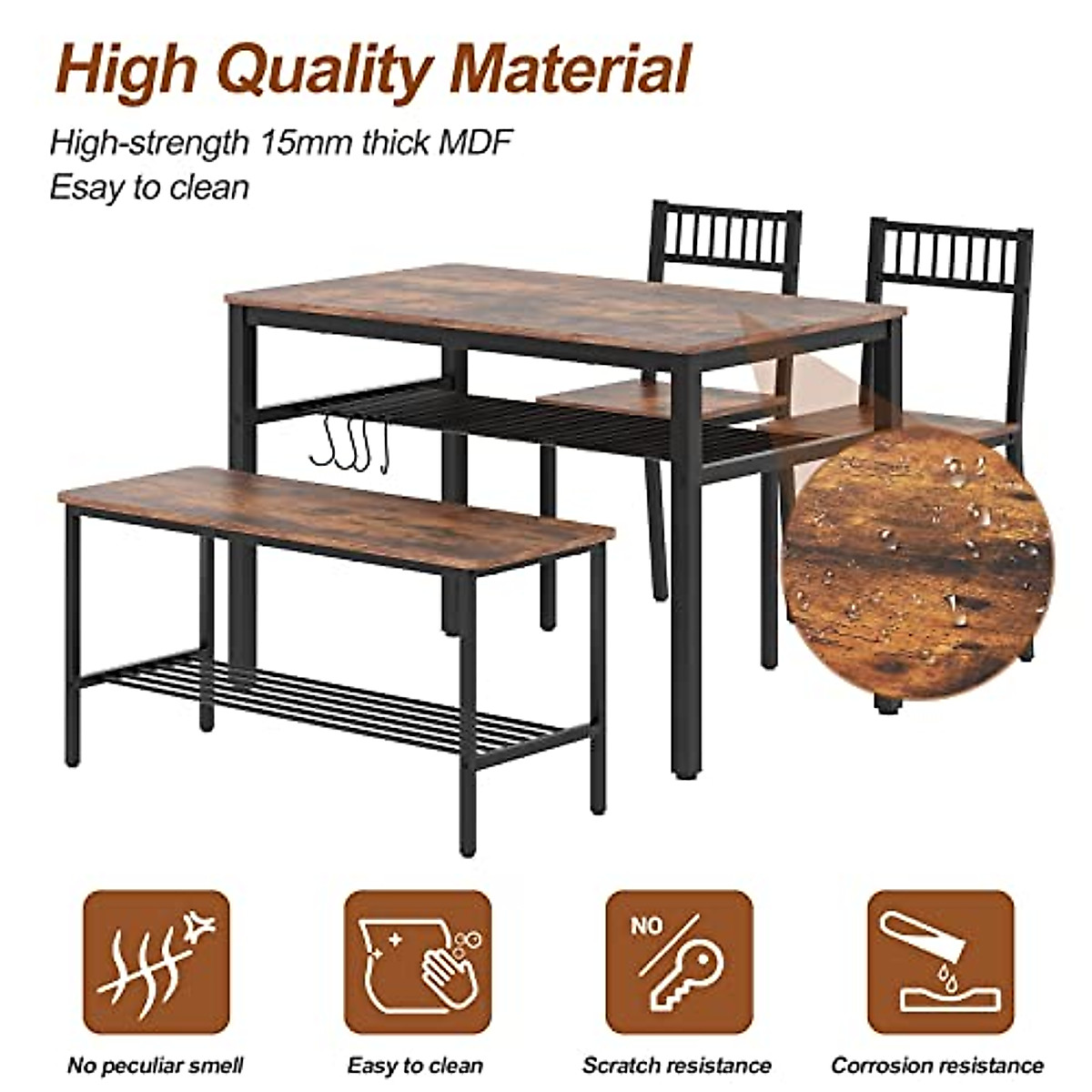Bigbiglife Dining Table Set for 4, Kitchen Table with 2 Chairs and 1 Bench, Dining Table Set with 2 Storage Racks and 4 S-Hooks, Industrial Design for Small Space Home Kitchen, Rustic Brown