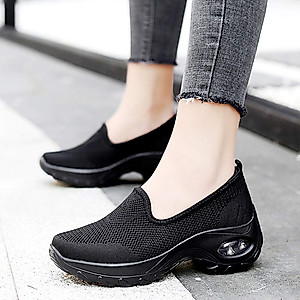 Aconhop Platform Sneakers Casual Shoes Women Slip-on Wedges Mesh Breathable Non-Slip Comfort Walking Shoes Black-36