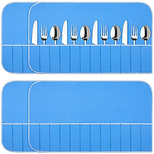 Silver Storage Bags Silver Storage Cloth Anti Tarnish Silver Protector Bags Blue Holder for Silverware Flatware Storage Organizer Place Setting Roll with White Ribbon for Kitchen Utensils (4 Pieces)