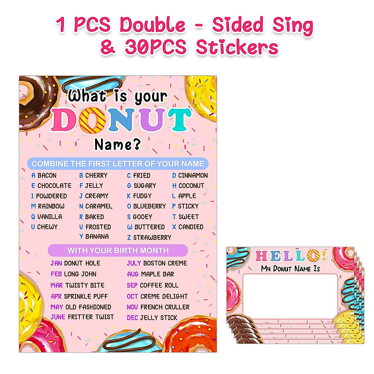 What is Your Donut Name Game, Game Sign and 30 Cards, Donut Birthday Party Sign for Girls, Holiday Activity, Wedding, Anniversary, Kids Donut Activity Cards
