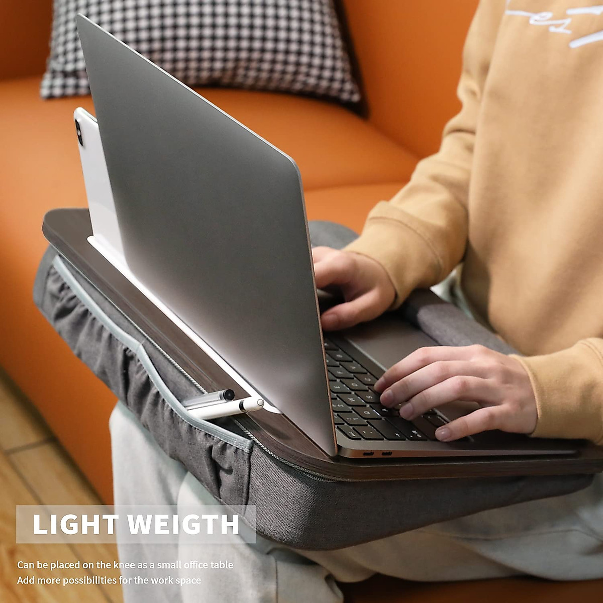 Ghost FIRE Lap Laptop Desk - Portable Wooden Laptop Desk with Pillow Wrist Rest、Storage Bags and Slots for Tablet and Phone,Fits Up to 13-15 Inch Laptop,Lightweight and Convenient for Home Office