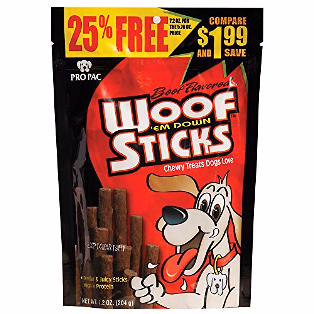 Pro Pac Beef Flavored Woof 'Em Down Sticks Dog Treats, 7.2-Ounce Bag