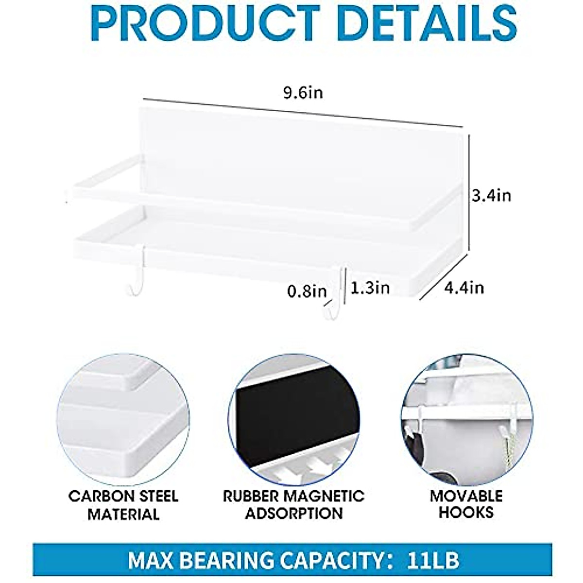 Gerguirry Magnetic Spice Racks White, Magnetic Shelves for Refrigerator Kitchen Shelf Organizers and Storage with 4 Removable Hooks Easy to Install（2 Pack