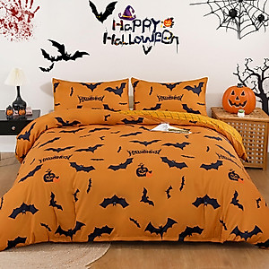 Xruibed Halloween Duvet Cover Set King Pumpkin Bat Orange Bedding Duvet Cover Set 3 Pieces Halloween Duvet Cover with 2 Pillowcases Funny Halloween Comforter Cover Set for Kids Teens 104"x90"