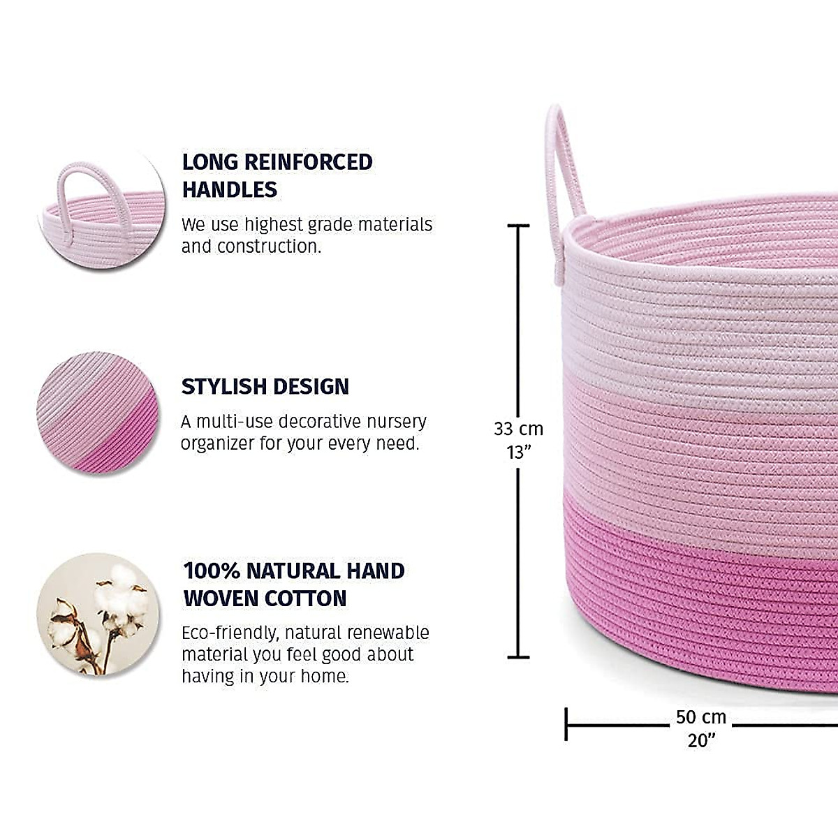 OrganiHaus Pink Baby Laundry Baskets for Organizing 20x13, Extra Large Basket for Blankets, Storage Basket for Living Room, Nursery Laundry Hamper, Cotton Rope Basket, Woven Laundry Basket