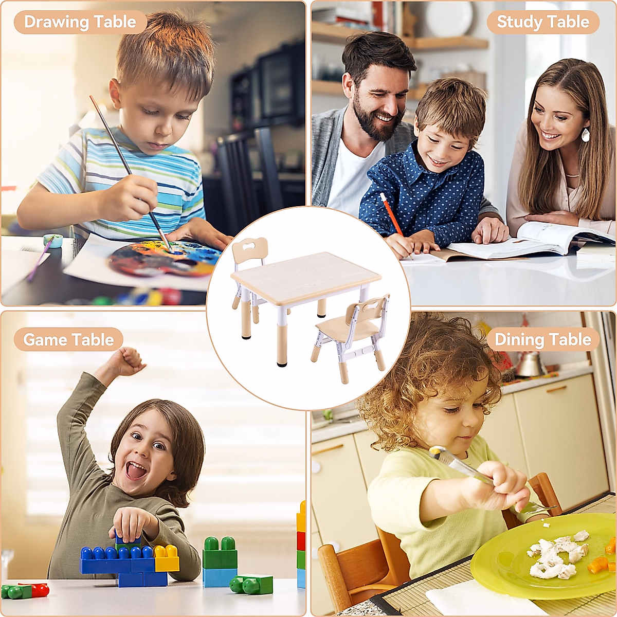 DOREROOM Kids Table and 2 Chairs Set, Height-Adjustable Toddler Table and Chair Set with Graffiti Desktop, 31.5''L x 23.6''W Children Activity Table for Daycare, Classroom, Home