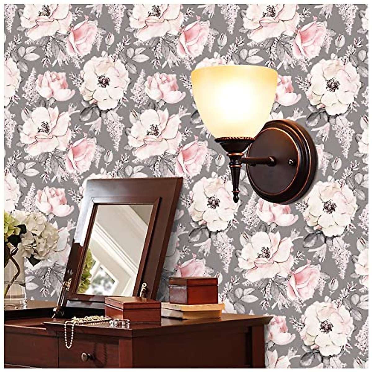 HAOKHOME Floral Peel and Stick Wallpaper Peony Removable Grey/Pink Vinyl Cabinet Self Adhesive Shelf Liner 17.7in x 9.8ft