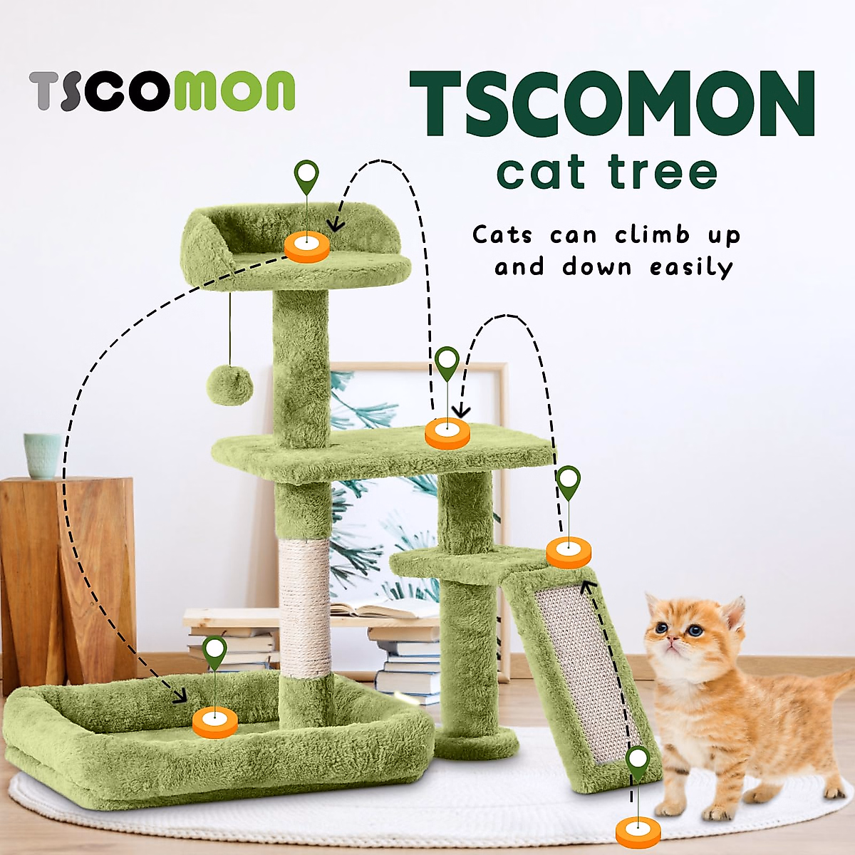 TSCOMON Cat Tree, 25 inch Small Cat Tower for Indoor Cats, with Sisal Scratching Post, Rotatable Base Cat Furniture Activity Center for Kittens Pet Play House