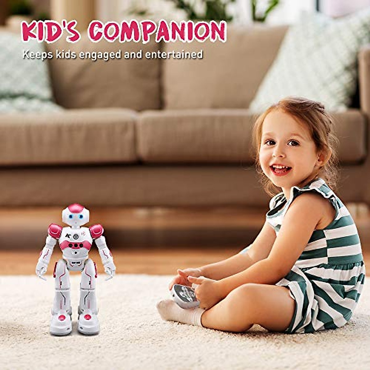 FLYWIND RC Robot Toys for Kids, Programmable Smart Remote Control Robot Toy Intellectual Control Robot Rechargeable, Walking Dancing Robot Gesture Sensing Robot Birthday Gift for Boys Girls （Pink）