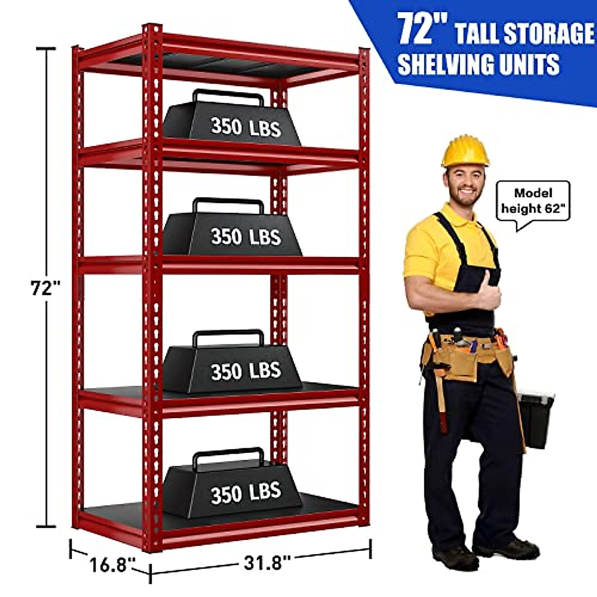 REIBII Garage Shelving Heavy Duty 72" Garage Storage Shelves 5 Tier Adjustable Heavy Duty Shelving 1750LBS Metal Storage Shelving Unit for Basement Garage Storage Rack 72"H x 16.8"D x31.8"W Red Black