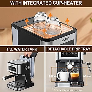 ICUIRE 20 Bar Espresso Machine with Milk Frothing Pitcher, 1.5L Removable Water Tank, Semi-Automatic Coffee Machine with Steam Wand for Espresso, Latte, and Cappuccino, 1050W