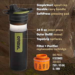 GRAYL GeoPress 24 oz Water Purifier Bottle - Filter for Hiking, Camping, Survival, Travel (Black Camo)
