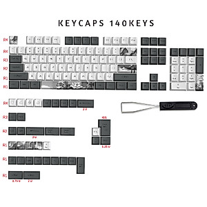 MOLGRIA Ink Lotus Keycaps, 140 Set Custom Keycaps for Gaming Keyboard, PBT OEM Profile Dye Sublimation Keycaps ANSI/ISO Layout with Keycap Puller for Gateron Kailh Cherry MX 104/87/74/61 60 Keyboard
