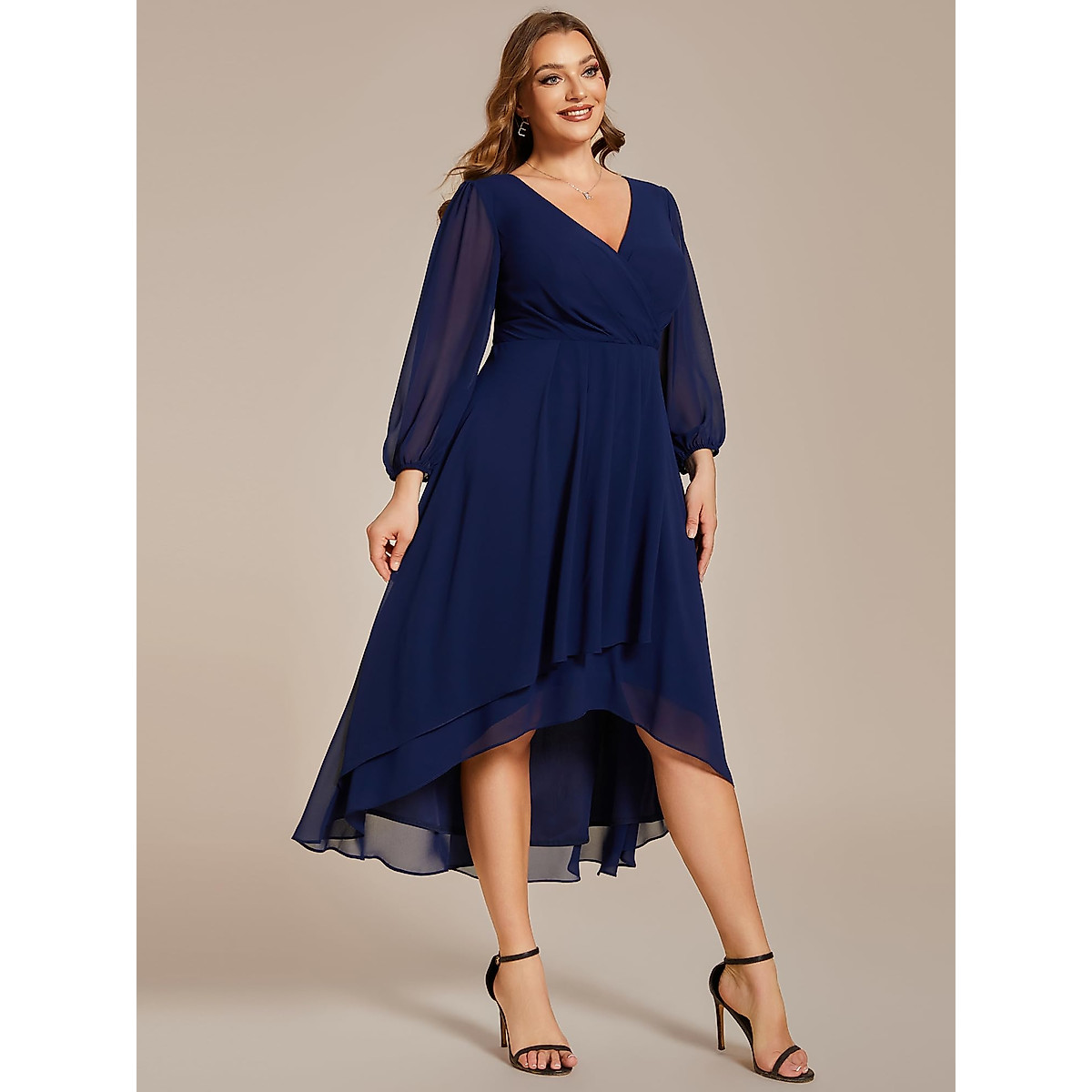 Ever-Pretty Women's A Line Pleated V Neck Midi Plus Size Wedding Guest Dresses for Curvy Women Navy Blue US26