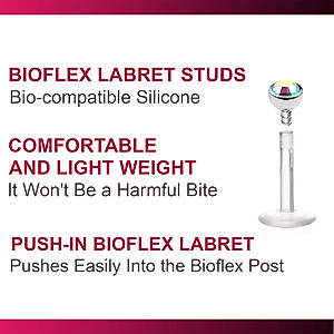 bodyjewellery 4Pcs 16g 5/16 Labret Studs Lip Conch Bioflex Push In Monroe Ring Tragus Marilyn Spider Snake Bites Clear Black AB Crystal