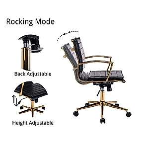 Shunzhi Leather Desk Chair with Armrest PU Leather Office Midback Adjustable Home Computer Executive Swivel Conference Task Managers Chair with Chrome Base, Black and Gold