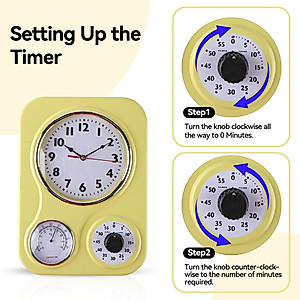 Lily's Home Retro Kitchen Wall Clock, with a Thermometer and 60-Minute Timer, Ideal for Any Kitchen, Yellow (9.5 in x 13.3 in)
