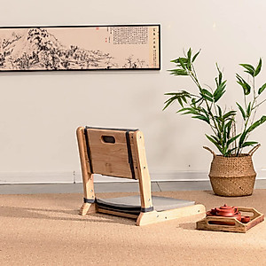 Tatami Chair Accent Furniture,Foldable Meditation Floor Chair, Living Room Chair Floor Seat, Portable Japanese Legless Chair,Lazy Sofa for Bay Window Meditation Reading (Wood Natural + Grey Cushions)