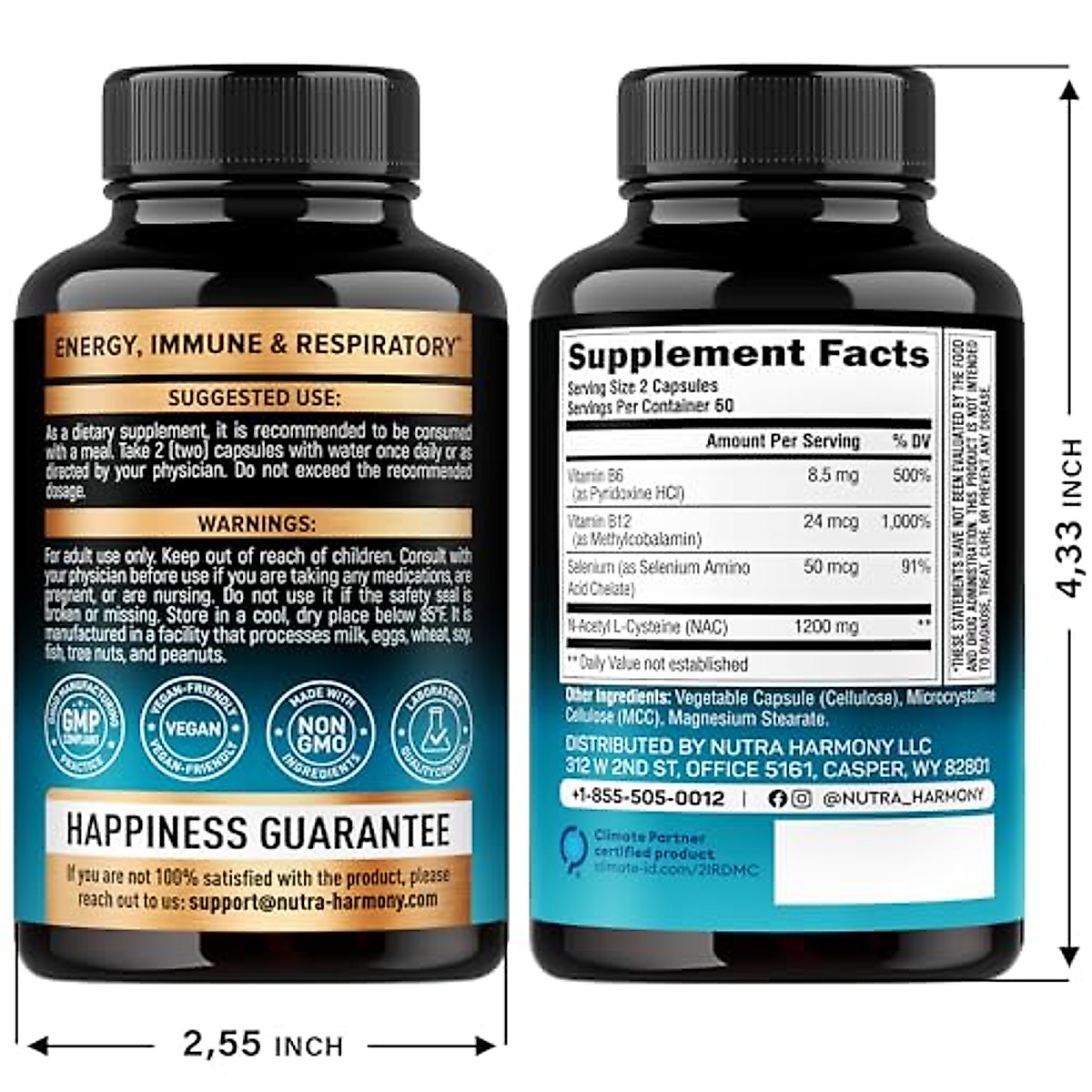 NAC Supplement | Selenium | B6 | B12 - Antioxidant, Immune Support - N Acetyl Cysteine 600 mg per Capsule, 1200 mg per Serving - Made in USA - Non-GMO, Gluten-Free, Vegan - 120 caps, 2 Month Supply