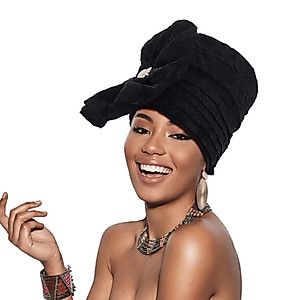 Urieo Big Flower Turban Black Beanie Head Wrap Elastic Ruffle Headwrap Hat for Women