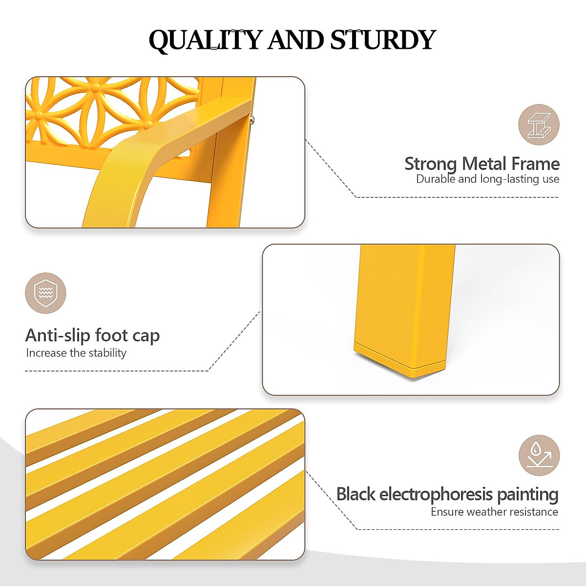 VINGLI 50" Outdoor Bench Metal with Floral Back, Garden Bench Front Porch Bench for Yard Patio Entryway Park Outside, 800lb Capacity - Yellow