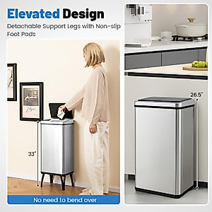 Goplus Stainless Steel Trash Can 13 Gallon, Automatic Motion Sensor Garbage Can with Stay-on Lid and Soft Closure, Elevated Tall Waste Bin with Detachable Legs for Kitchen, Office, Silver