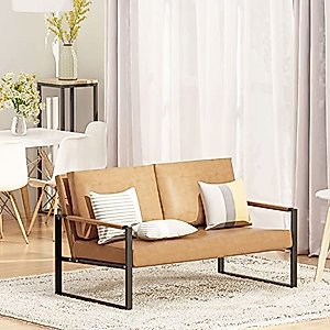 Mid-Century Faux Leather Sofa,Faux Leather Accent Chair with Comfortable Ergonomic Cushion 2-Seater Living Room Chairs Small Couches for Small Spaces,Living Room, Bedroom,Waiting Room（Yellow）