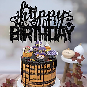 Black Glittery Halloween Happy Birthday Cake Topper Halloween Birthday Cake Picks with Bat Ghost Spider Signs Halloween Boys Girls Birthday Baby Shower Party Cake Supplies Decorations (1)