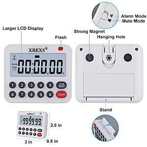 XREXS Digital Kitchen Timer Magnetic Countdown Up Cooking Timer Loud Alarm and Mute Optional, Magnet and Stand, Large Display Classroom Timer for Teachers (2 Batteries Included) Upgraded Version