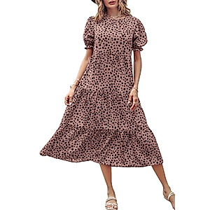 PRETTYGARDEN Women's Summer Casual Boho Dress Floral Print Ruffle Puff Short Sleeve Flowy Midi Beach Party Dresses (Pink,Large)