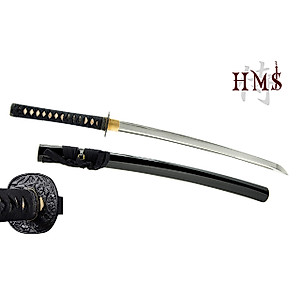 HMS Unsharpened Iaido Training Wakizashi Sword, Stainless Steel, Full Tang, Samurai Bamboo Tsuba, Black Scabbard