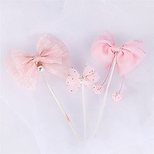 3pcs Bow Cake Topper Pink Lace Bowknot Cake Toppers Cake Dessert Picks Decoration For Baby Shower Birthday Wedding Party Supplies