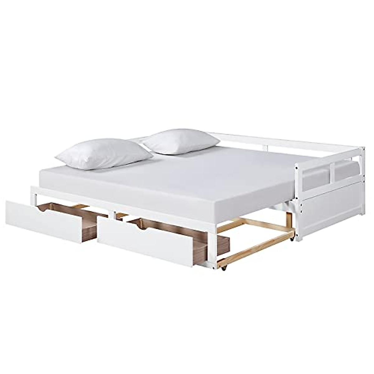 YSWH Pinewood Extending Daybed with Storage Drawers, Can Be Expanded from Twin Size to King Size, Sofa Bed Frame with Safety Guardrails, for Kids Teens (White)
