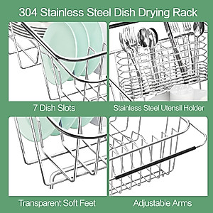 Fanbsy Small Dish Drainer Rack in Sink Adjustable, Expandable Stainless Steel Metal Dish Drying Rack Organizer with Stainless Steel Utensil Holder Over Inside Sink Counter, Rustproof(for 1-2 People)