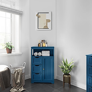 Topeakmart Wood Bathroom Floor Cabinet, Free Standing Storage Cabinet with 3 Drawers and Cupboard, Hallway/Entryway Cabinet, Living Room Accent Furniture, Navy Blue