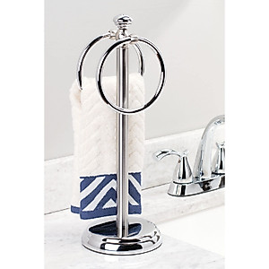 mDesign Steel Towel Rack Holder Stand with 2 Hanging Rings for Bathroom Vanity Countertops - Space Saving Hand Towel Holder - Hyde Collection - Chrome/Brushed